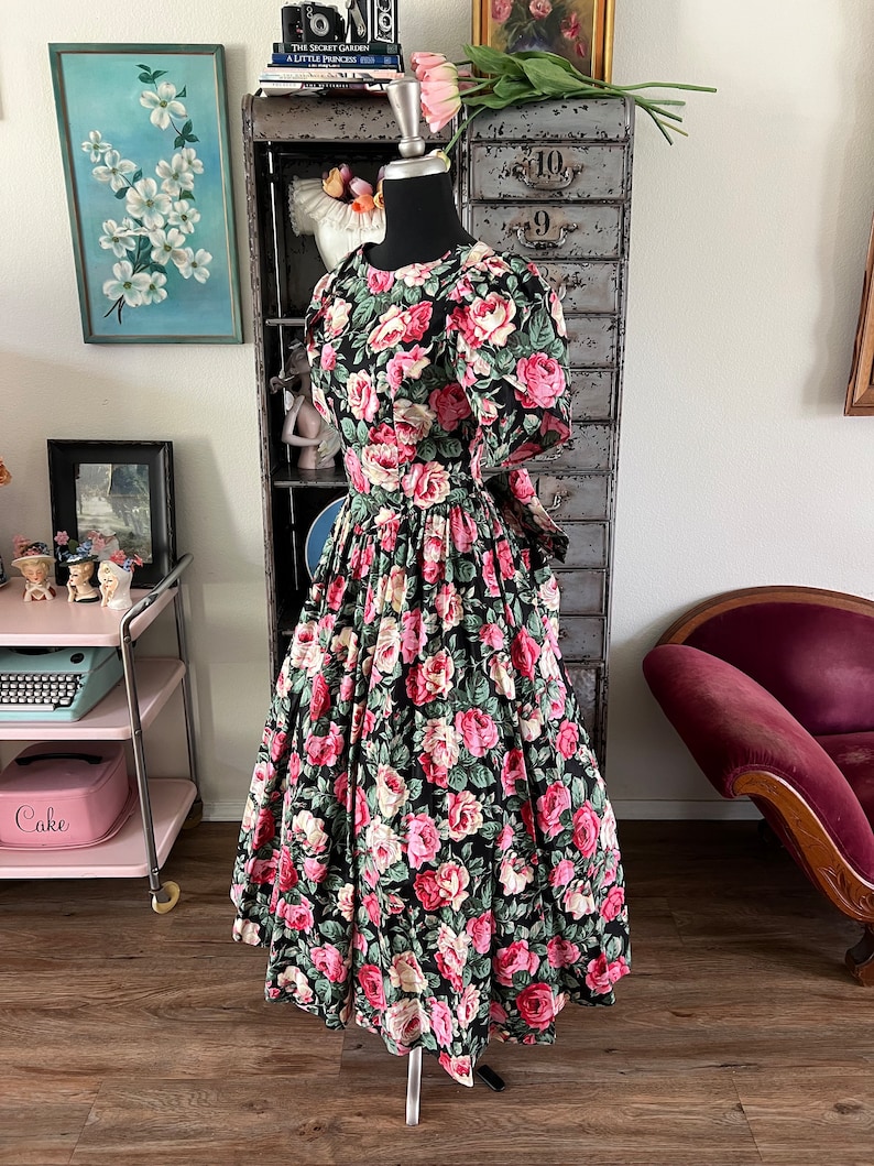 Vintage Early 1990's Pink Rose Print Dress With Puffy Sleeves Medium - Etsy