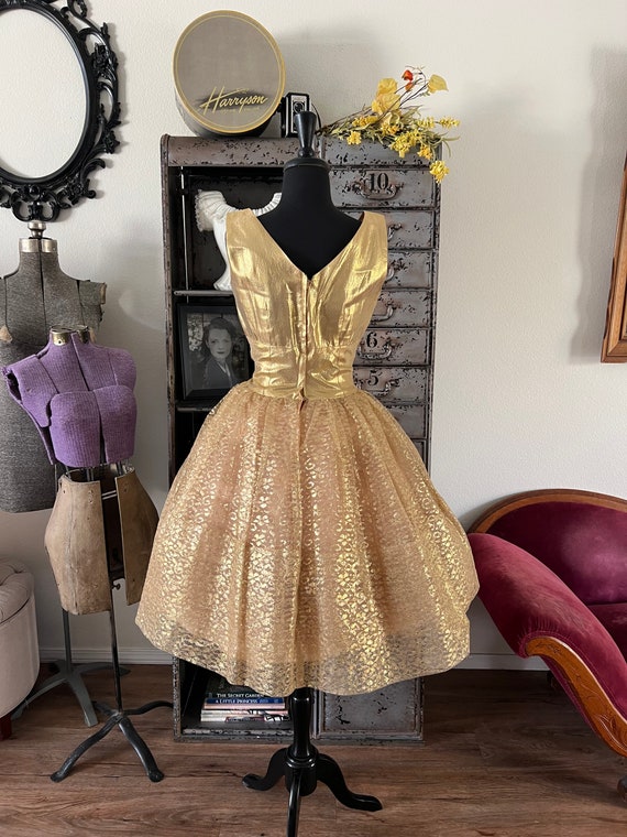 1950s Metallic Gold Cocktail Dress With Lace And Tul… Gem