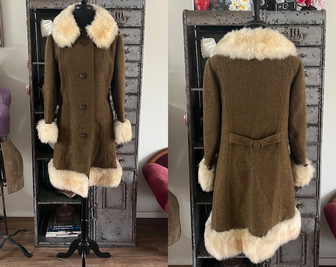 Vintage 1960's Dee Dee Deb Olive Green Wool Coat With Faux Fur Trim ...