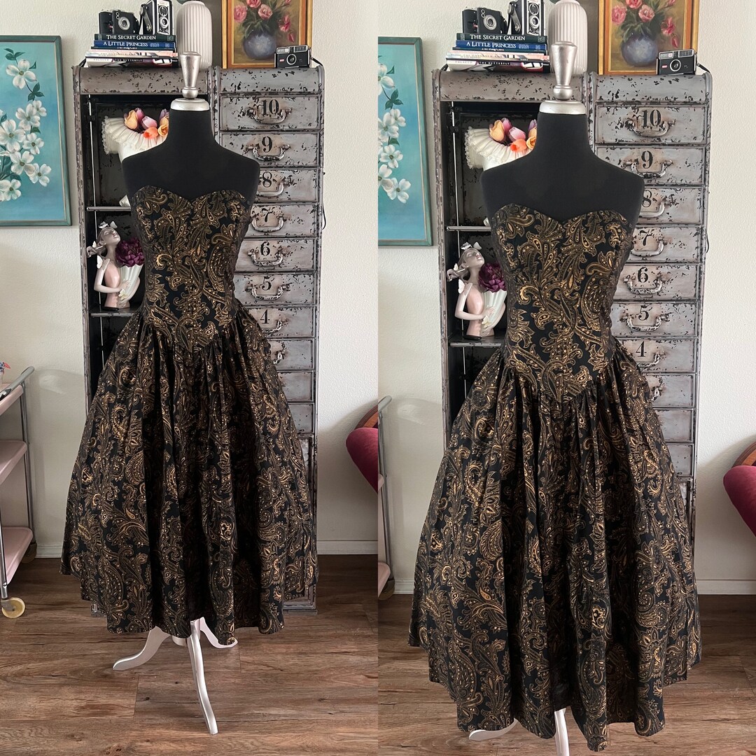 Vintage 1980's Black and Gold Strapless Dress With Pockets XL-XXL - Etsy