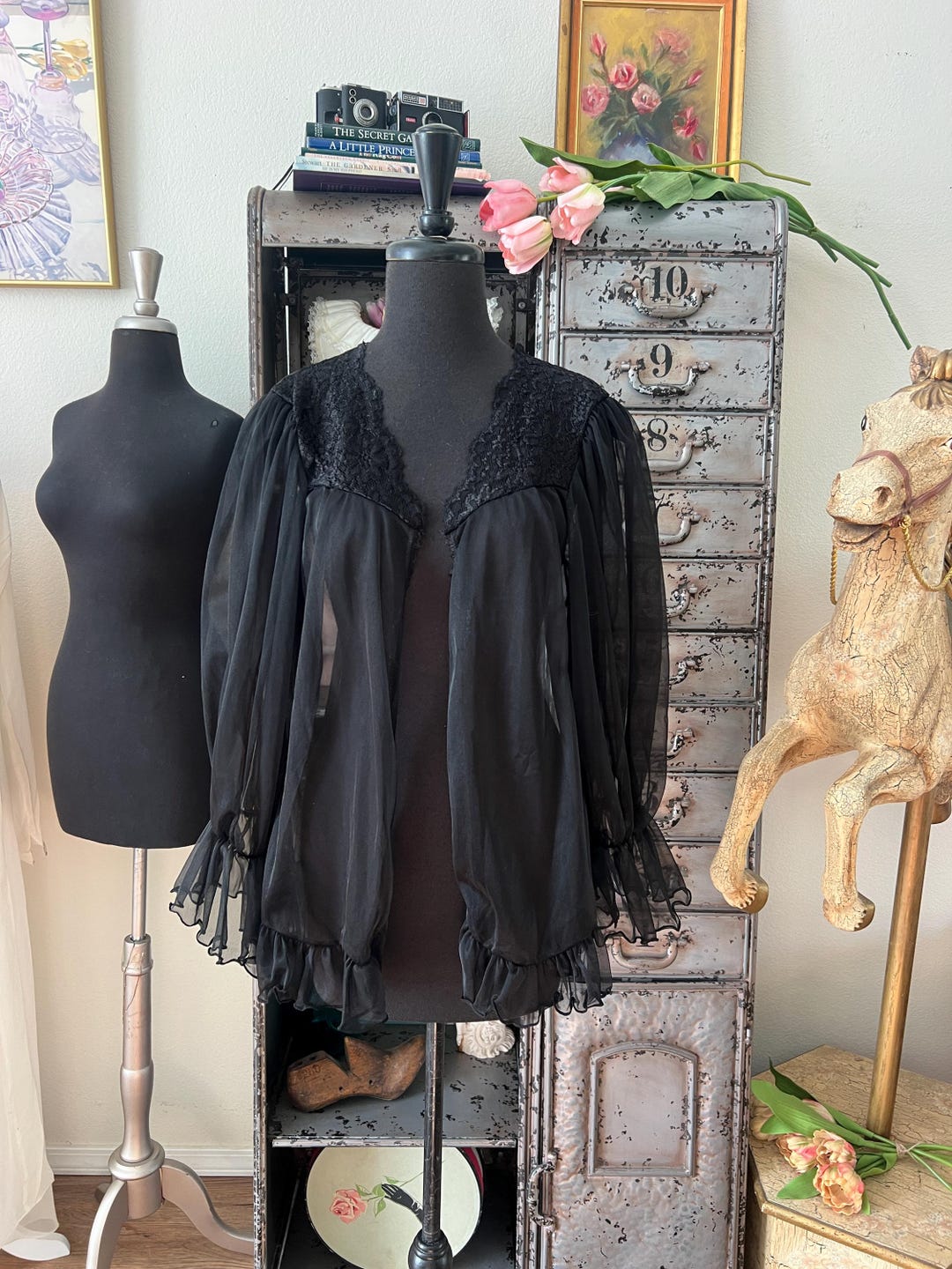 Vintage 1980's Sheer Black Bed Jacket Nightie Cover With Lace Trim S-XL ...