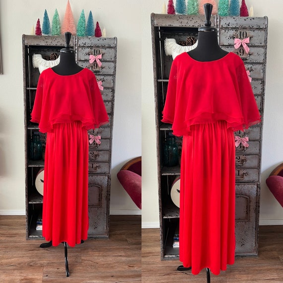 Vintage 1970's Red Dress with Sheer Flutter Sleeves M… - Gem