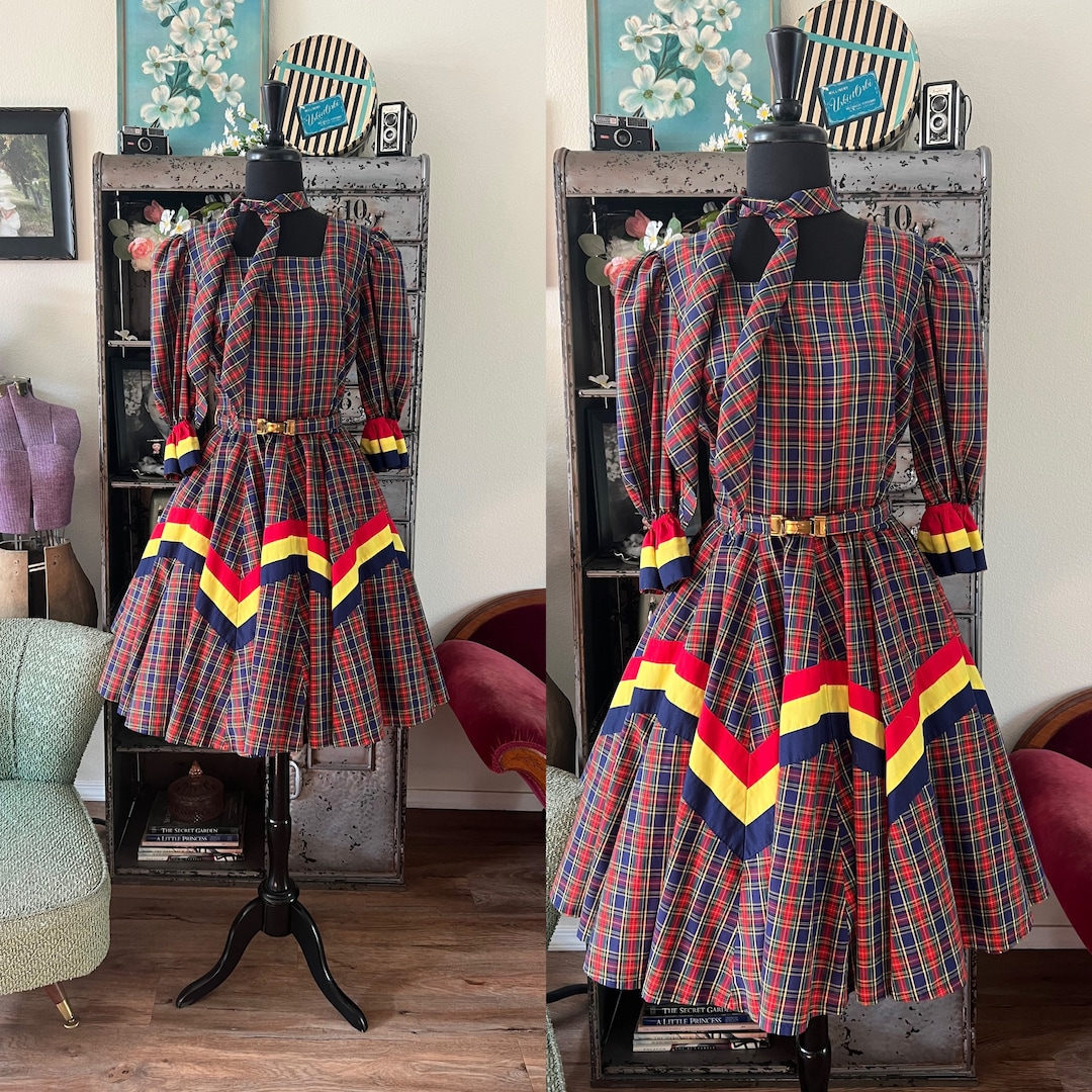 1970's 80's Red and Blue Plaid Square Dance Dress Medium - Etsy