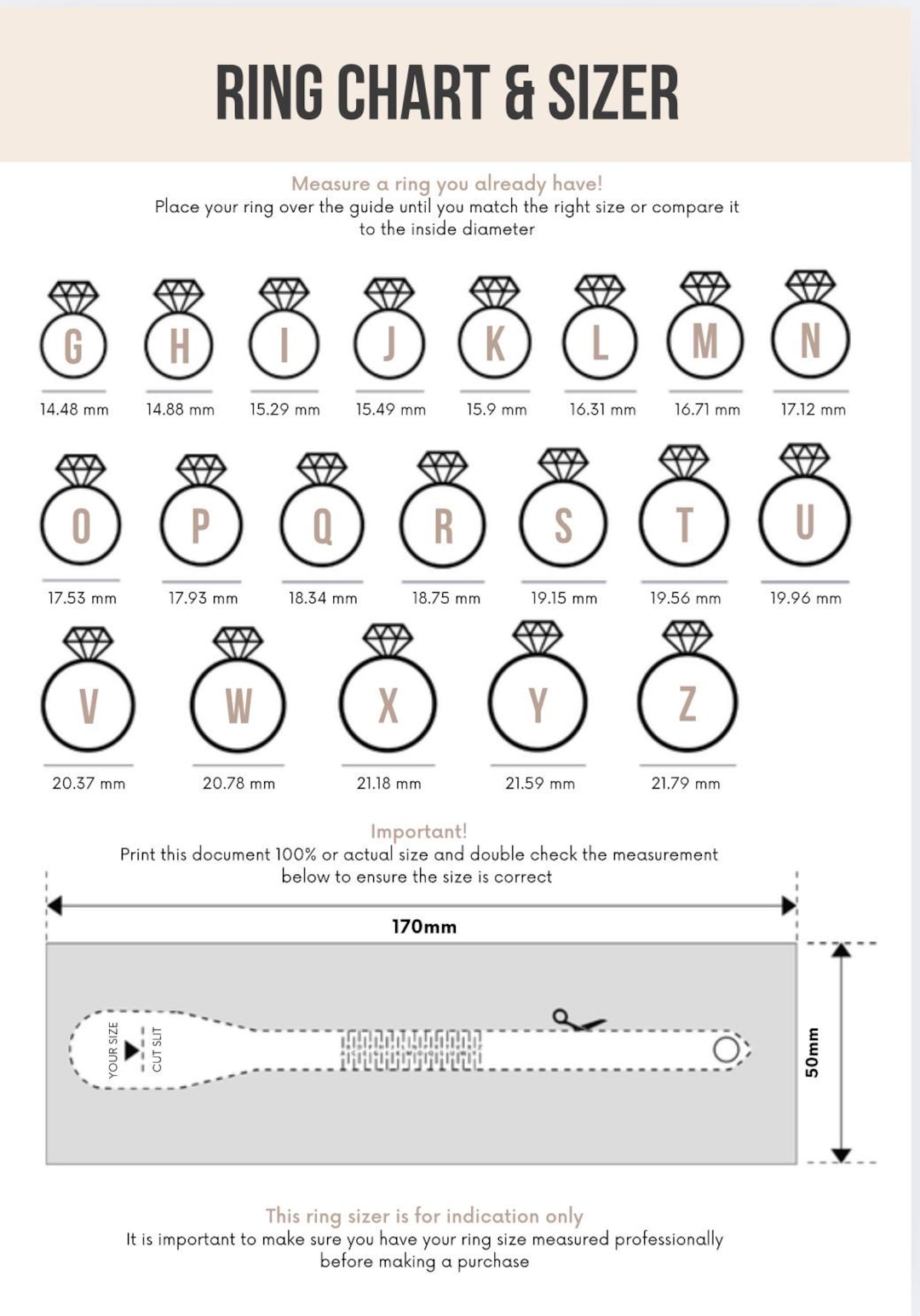 Printable Ring Size Chart & Ring Sizer – Instant Download Jewelry ...