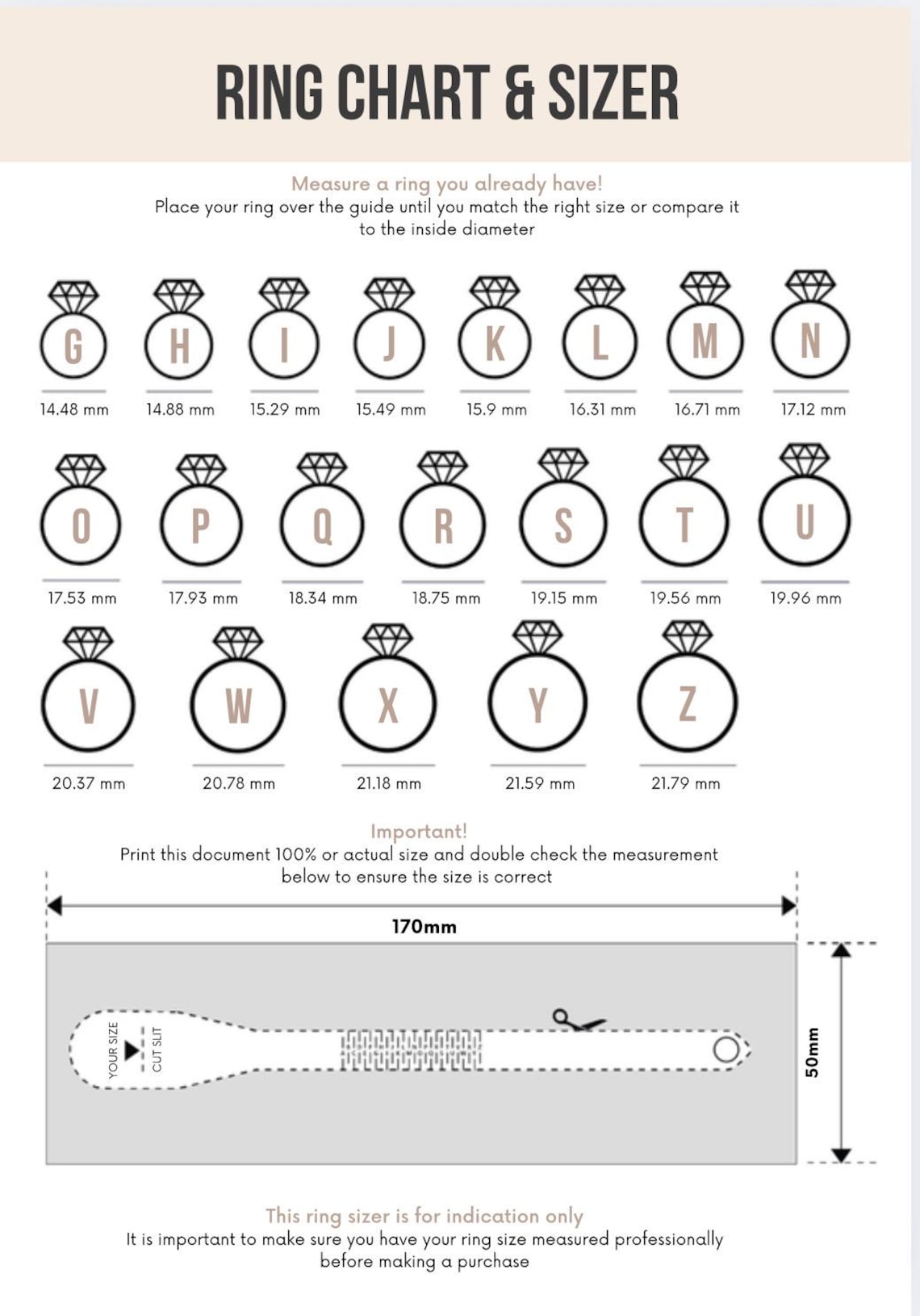 Printable Ring Size Chart & Ring Sizer – Instant Download Jewelry ...