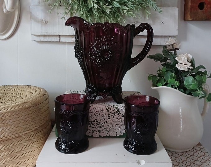 Vintage Mosser Amethyst Purple Glass Pitcher & Glasses Dahlia Flower ...