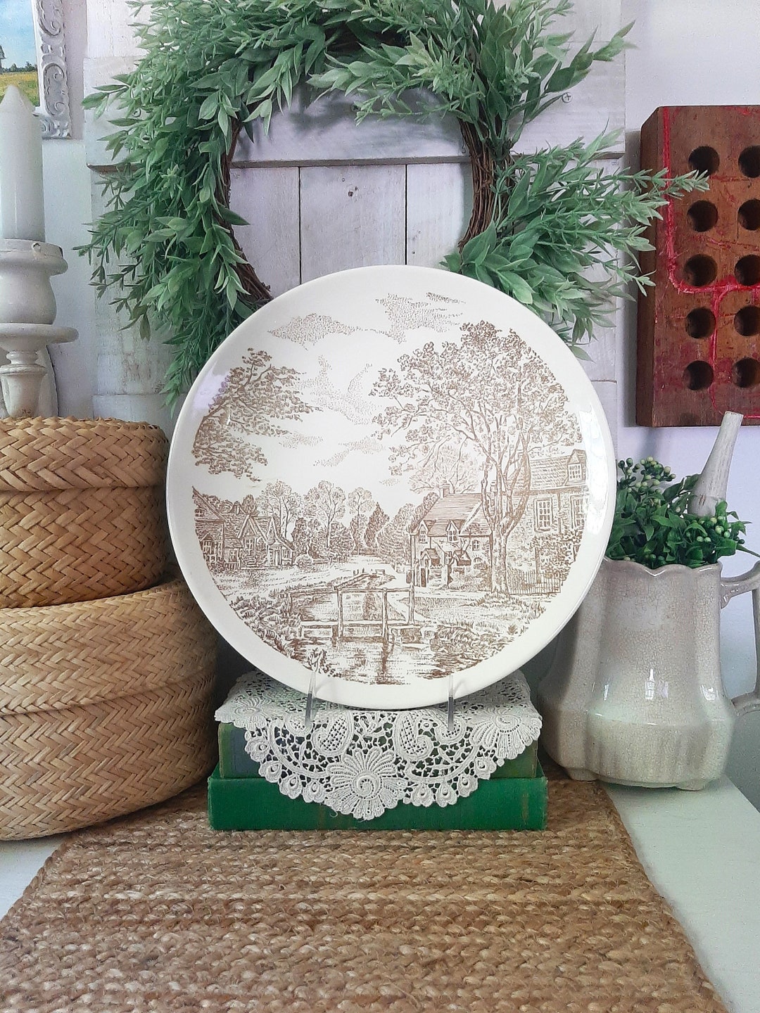 Vintage Large Light Brown Transferware Round Platter Tray - Etsy