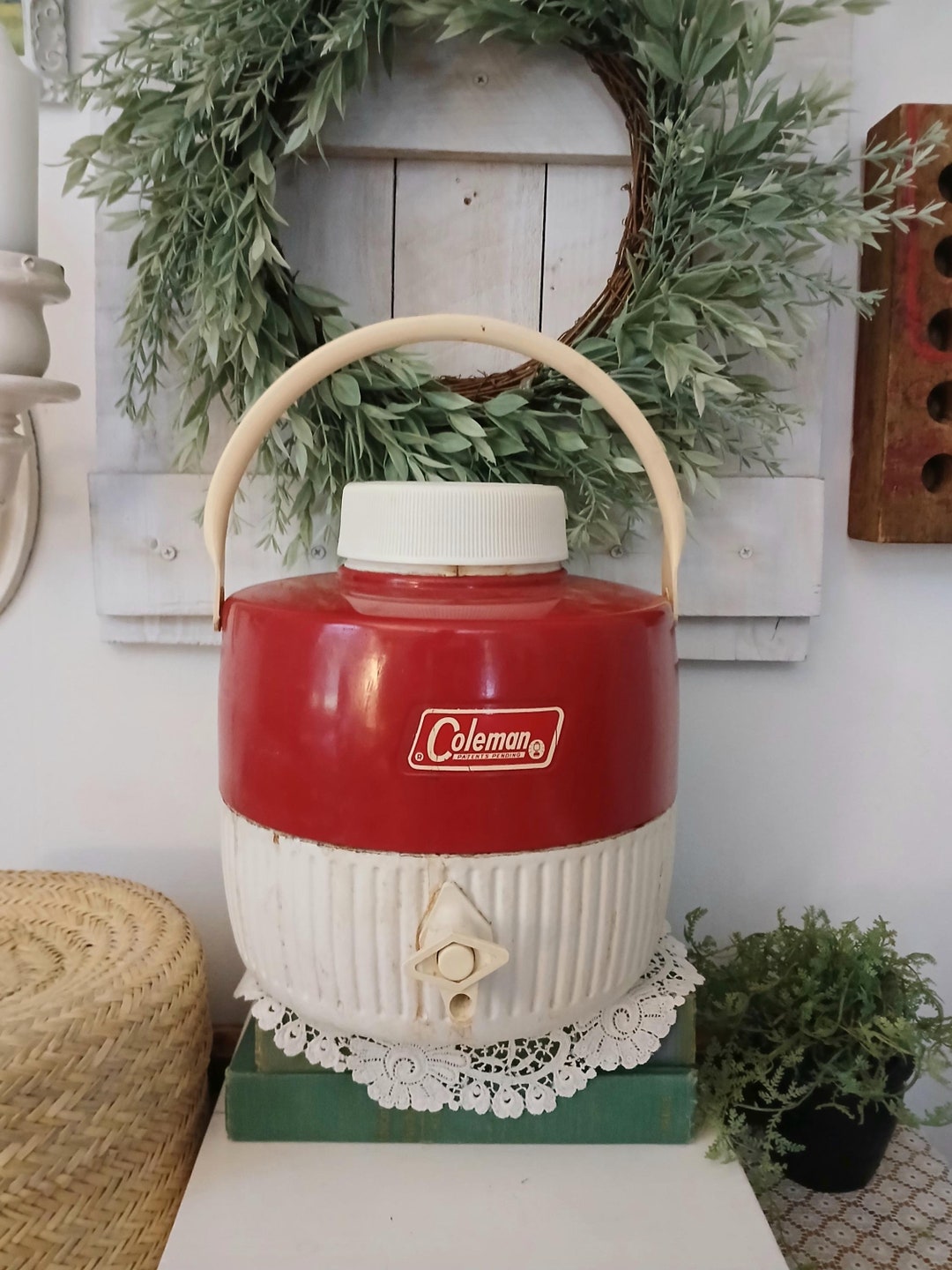 Vintage Aged Coleman Red & White 1 Gallon Drink Picnic Jug Cooler Water ...