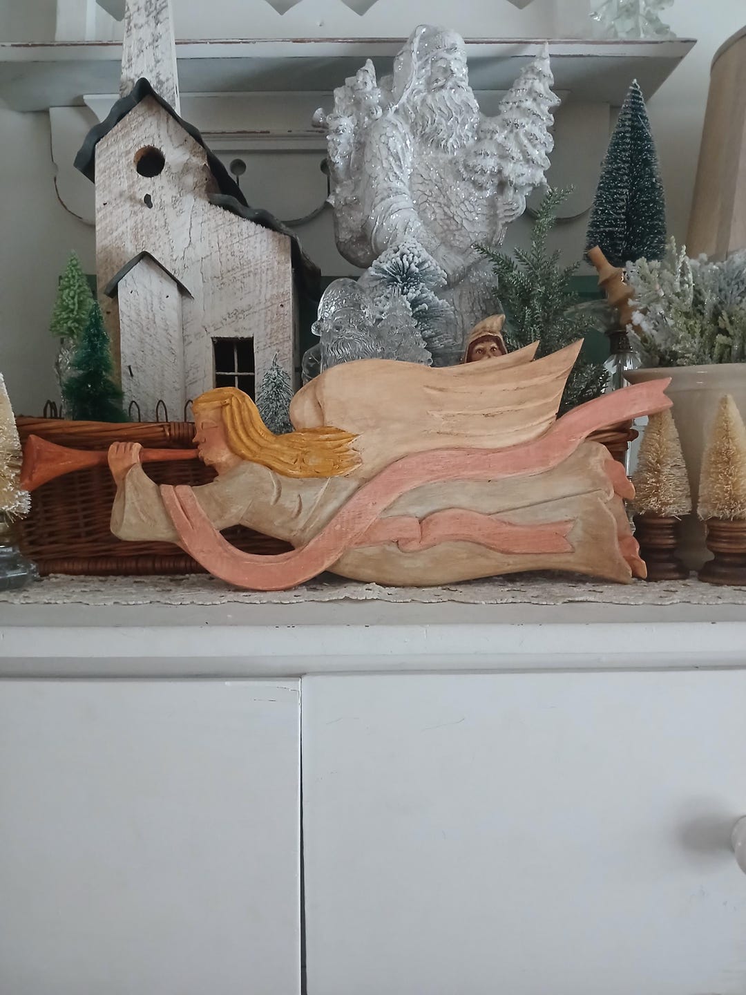 Vintage Large Carved Wood Folk Art Trumpet Angel Door Topper Plaque - Etsy