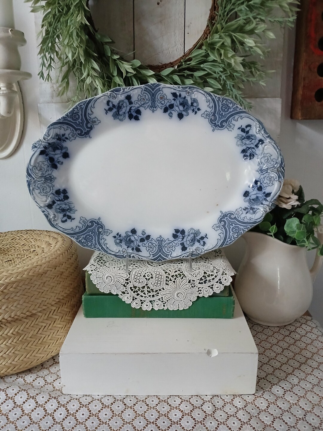 Vintage W.H. Grindley Merian English Flow Blue Large Aged Floral ...