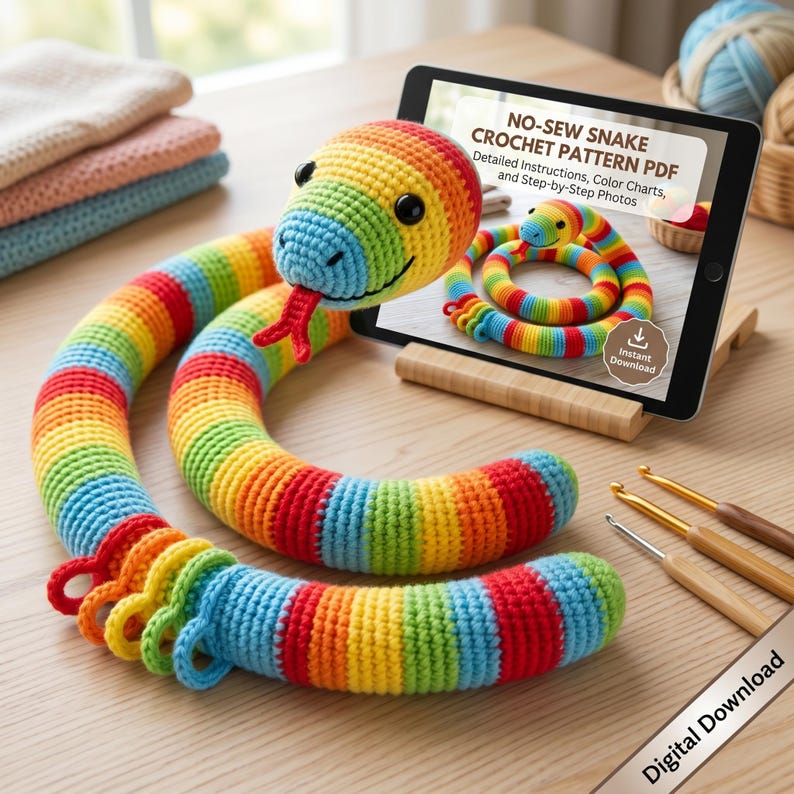 No-sew Snake Crochet Pattern PDF, Rainbow Amigurumi Snake Tutorial ...