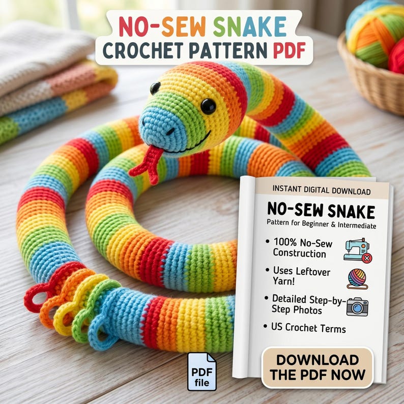 No-sew Snake Crochet Pattern PDF, Rainbow Amigurumi Snake Tutorial ...