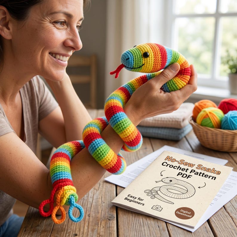No-sew Snake Crochet Pattern PDF, Rainbow Amigurumi Snake Tutorial ...