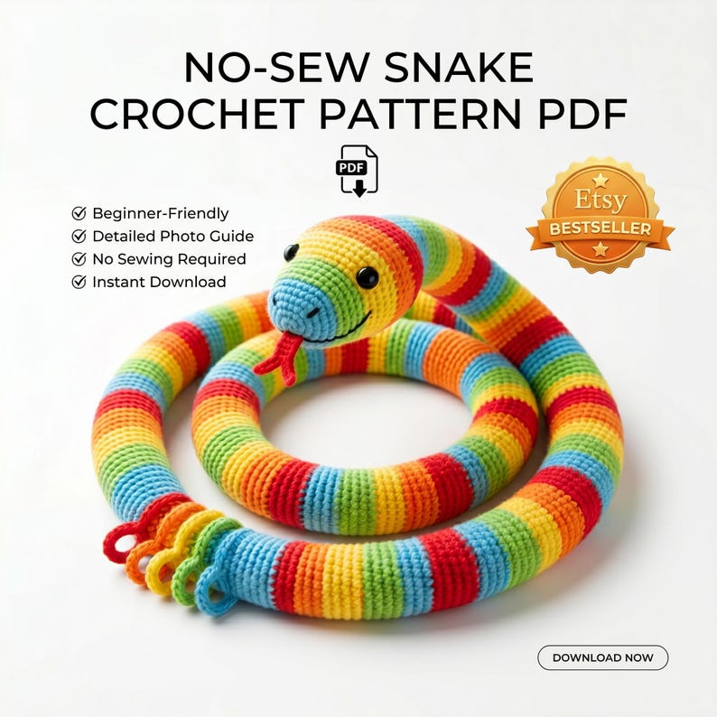 No-sew Snake Crochet Pattern PDF, Rainbow Amigurumi Snake Tutorial ...
