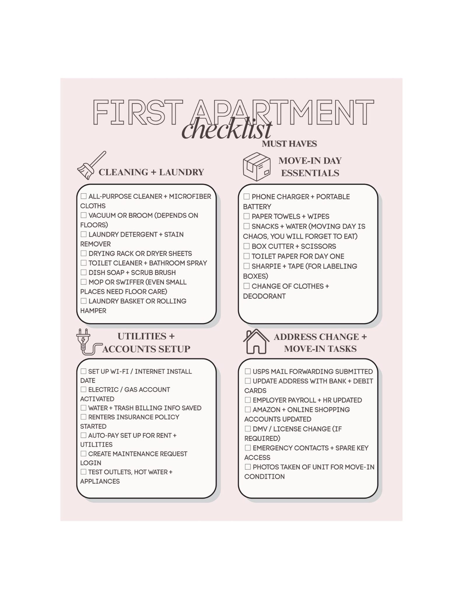 First Apartment Essentials Checklist Printable | Editable Canva ...