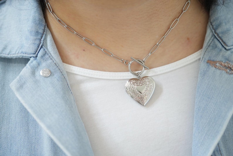 Heart Locket Choker - Silver Photo Locket Toggle Clasp Necklace ...