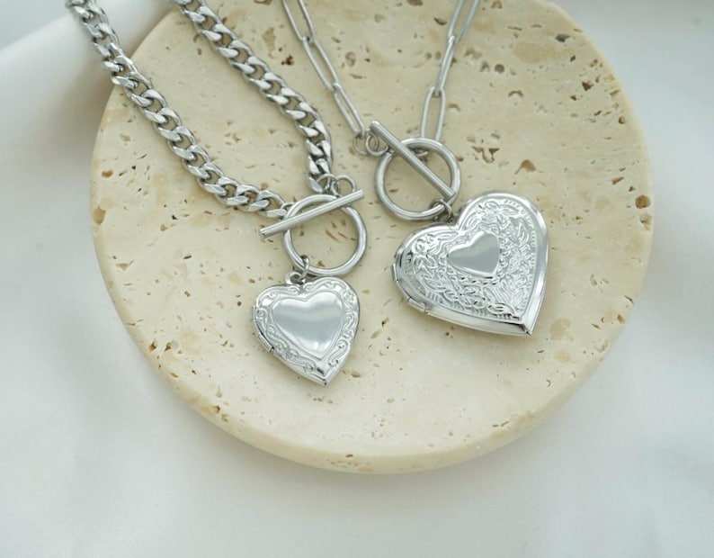 Heart Locket Choker - Silver Photo Locket Toggle Clasp Necklace ...