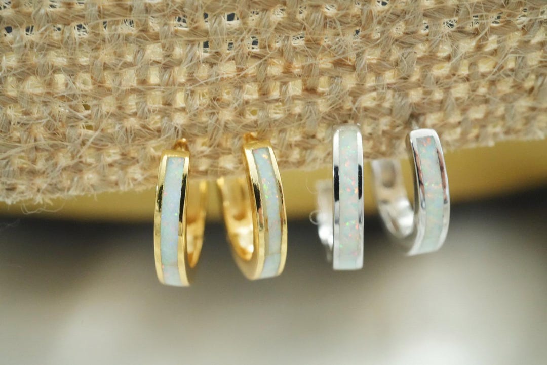 White Opal Inlay Huggie Hoops - Stacking Hoop Earrings - Dainty ...