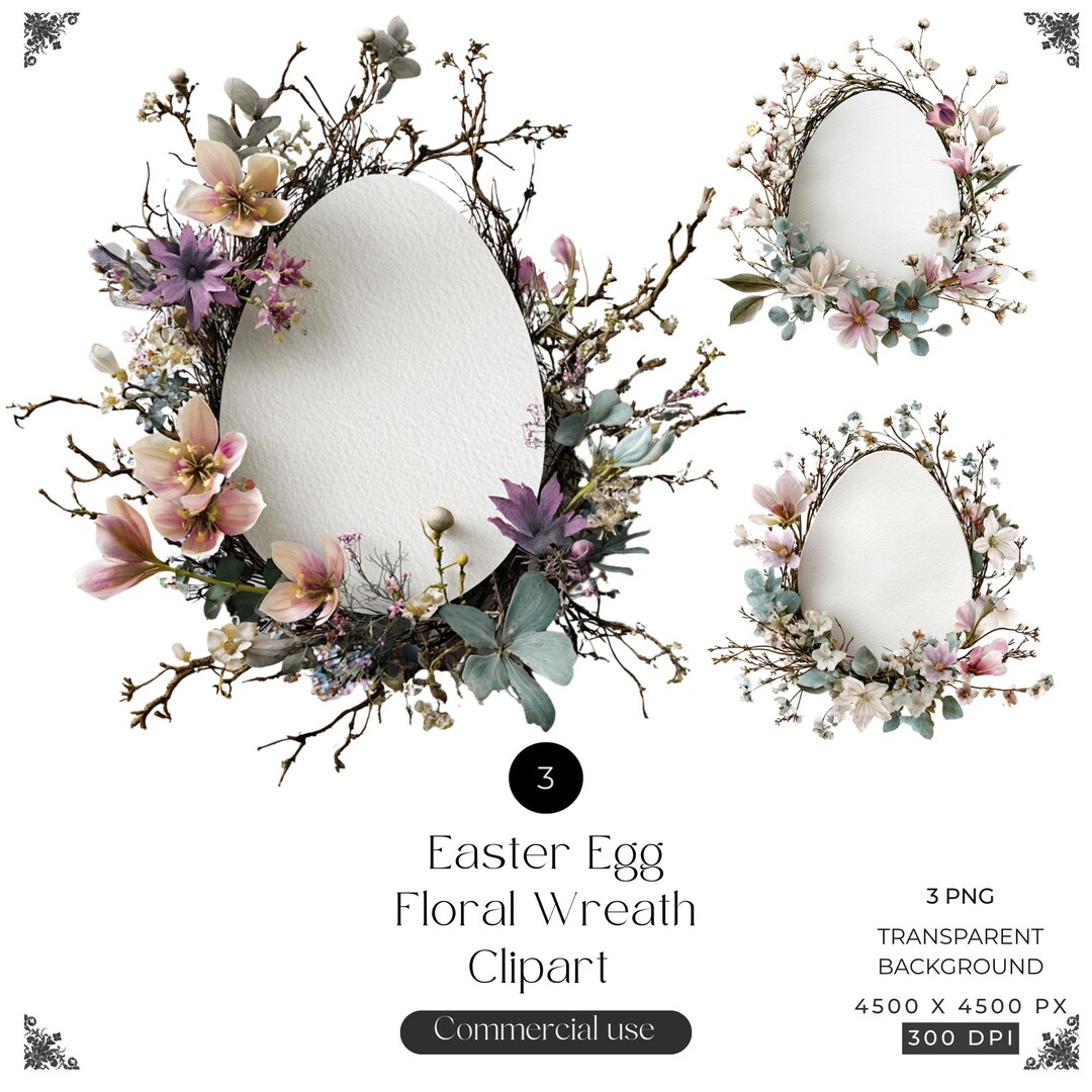 Easter Egg Wreath Clipart Collection, Floral PNG Designs for Spring ...