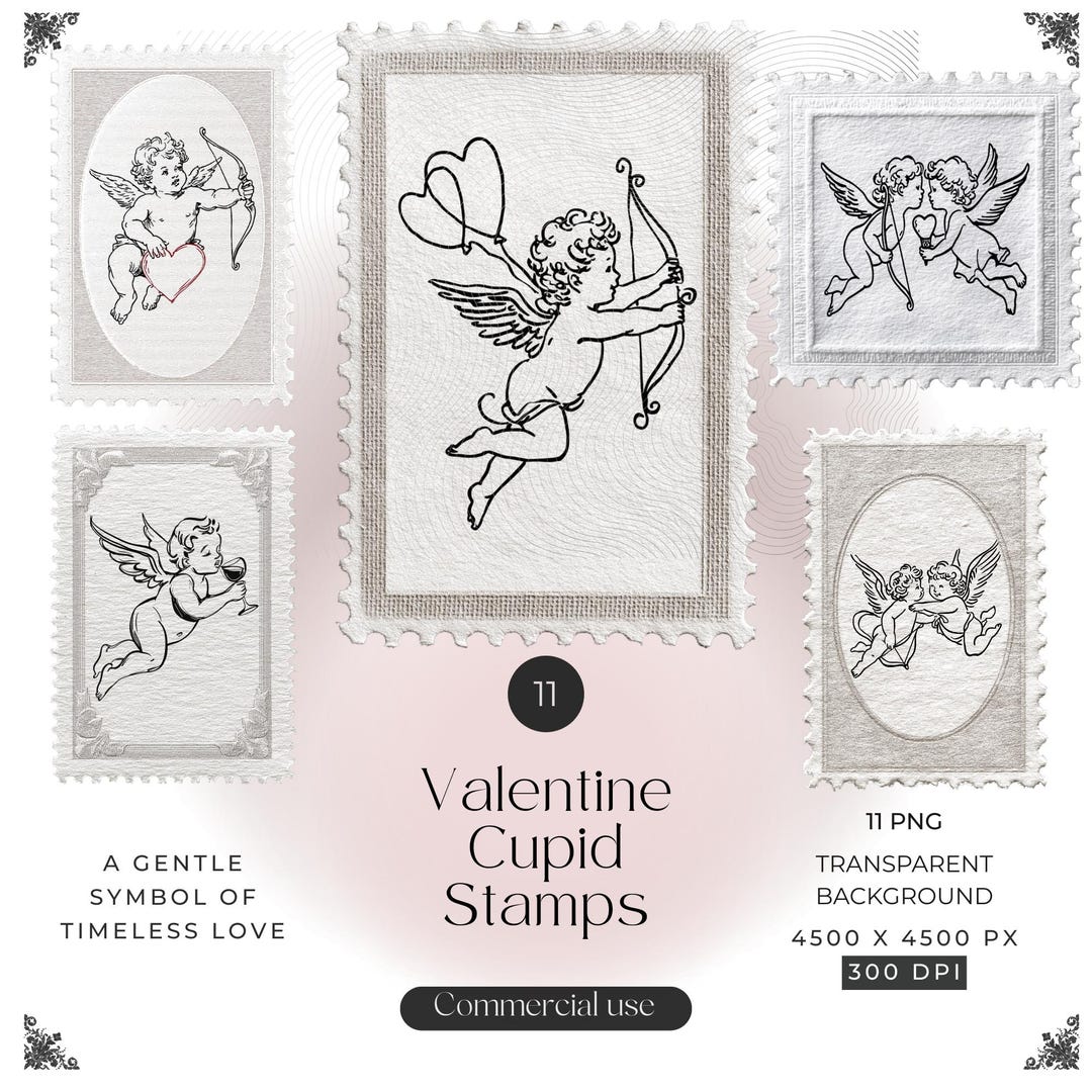 Valentine Cupid Stamps Clipart Set | Vintage Cherub Line Art | Romantic ...