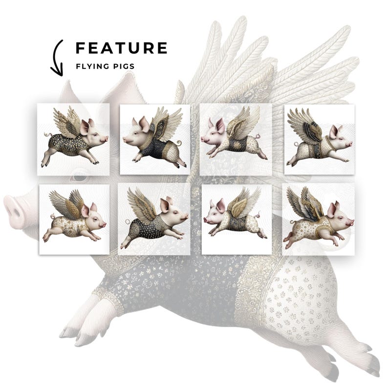 Flying Pig Clipart | Luxury Winged Pig PNG | Renaissance Style ...