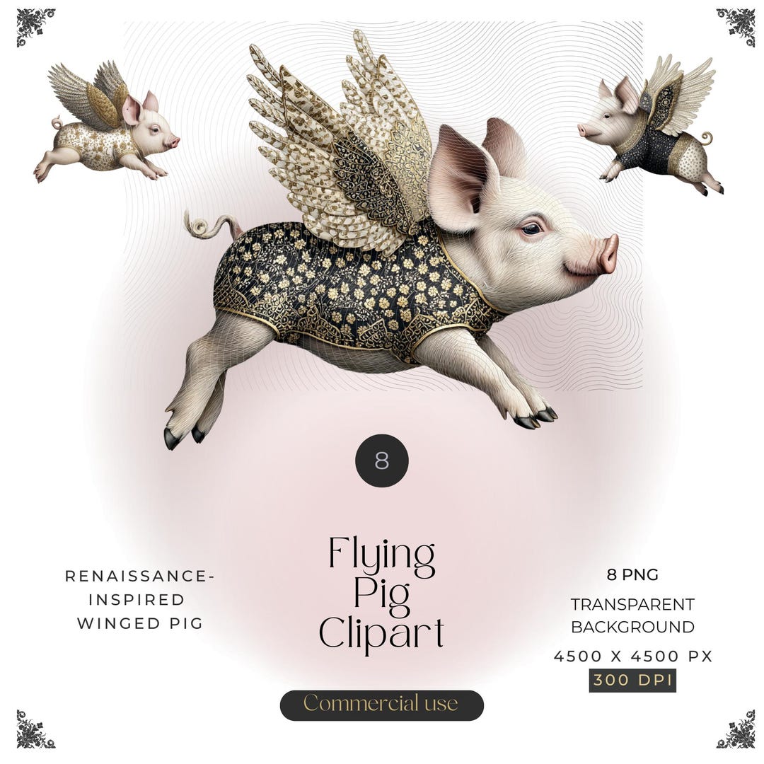Flying Pig Clipart | Luxury Winged Pig PNG | Renaissance Style ...