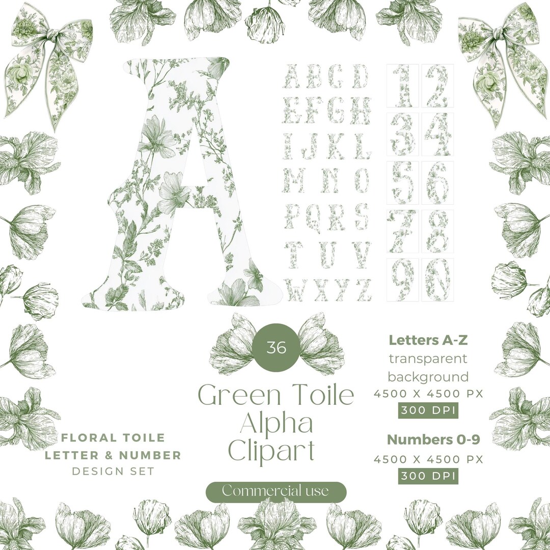 Watercolor Floral Alphabet Collection Clipart – Green Toile Letters ...