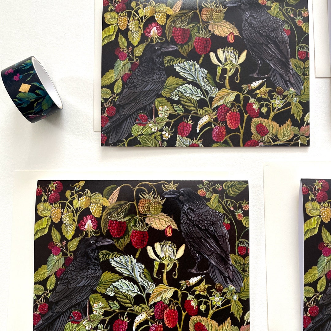Box Set of 6 Notecards, Ravens and Raspberries - Etsy