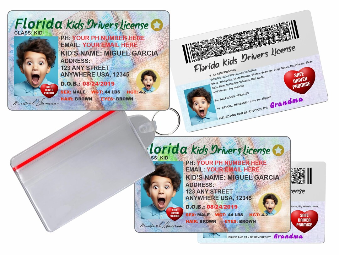 FLORIDA Novelty Kids Driver's License - 2 Full Sized Cards Included ...
