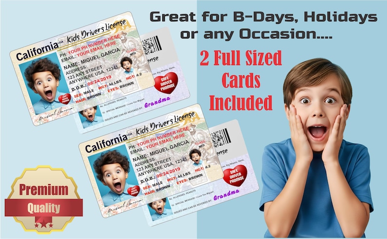 Personalized California Kids Driver's License - Novelty ID Cards (set ...
