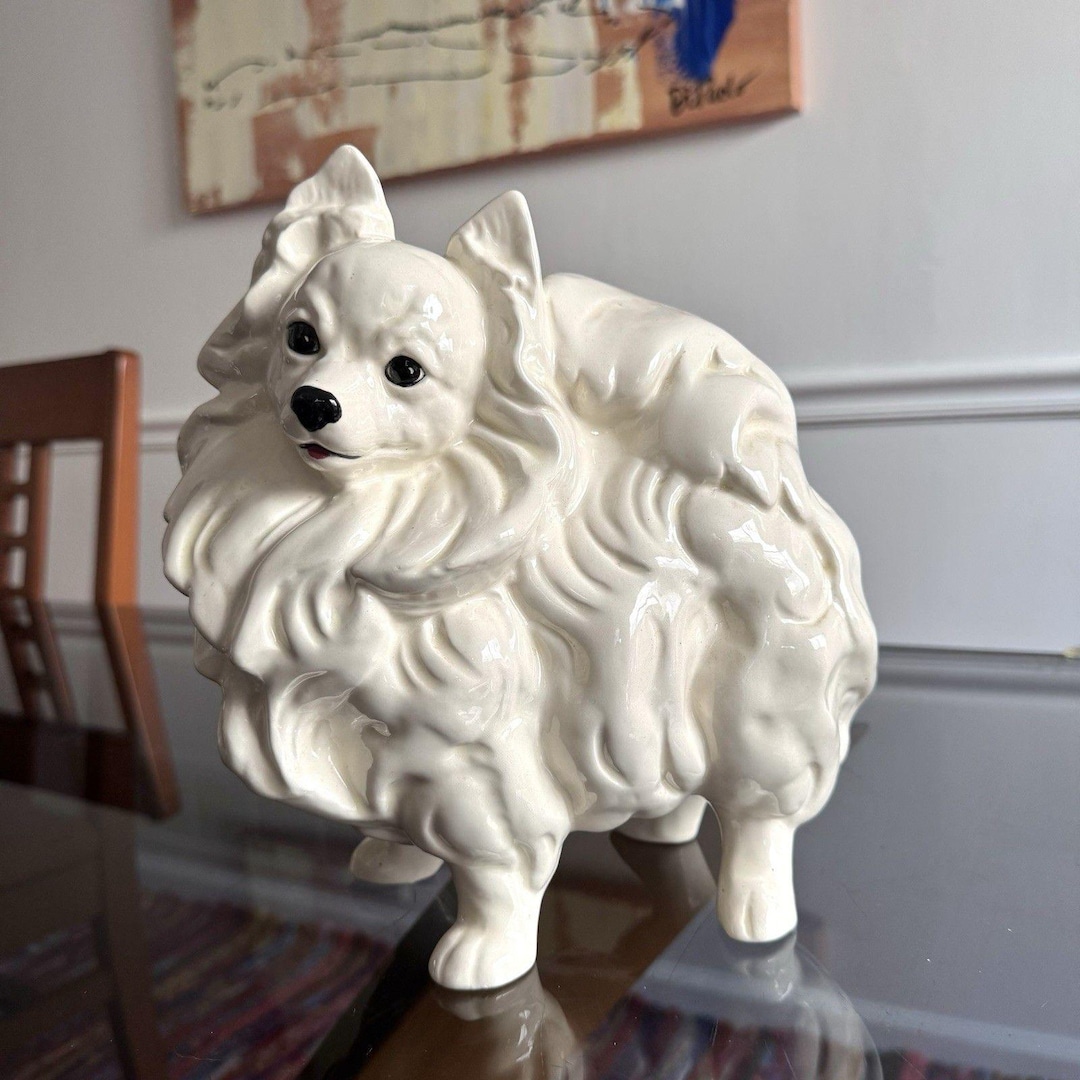 VTG Pomeranian Spitz Eskimo Dog White Glazed Statue Ceramic Sculpture 9 ...
