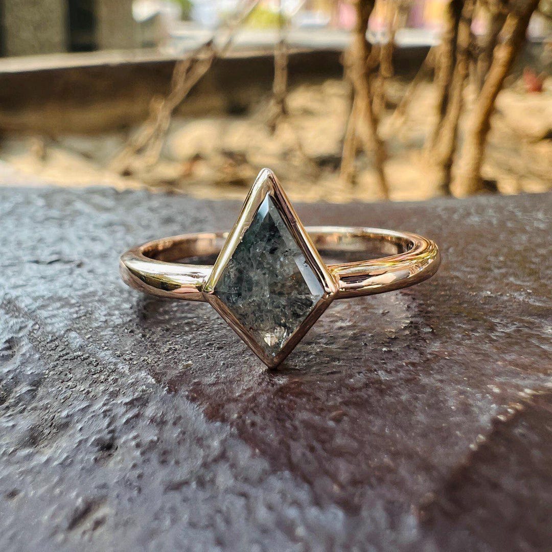 Bezel Set Kite Cut Salt and Pepper Diamond Engagement Ring | Unique 14K ...