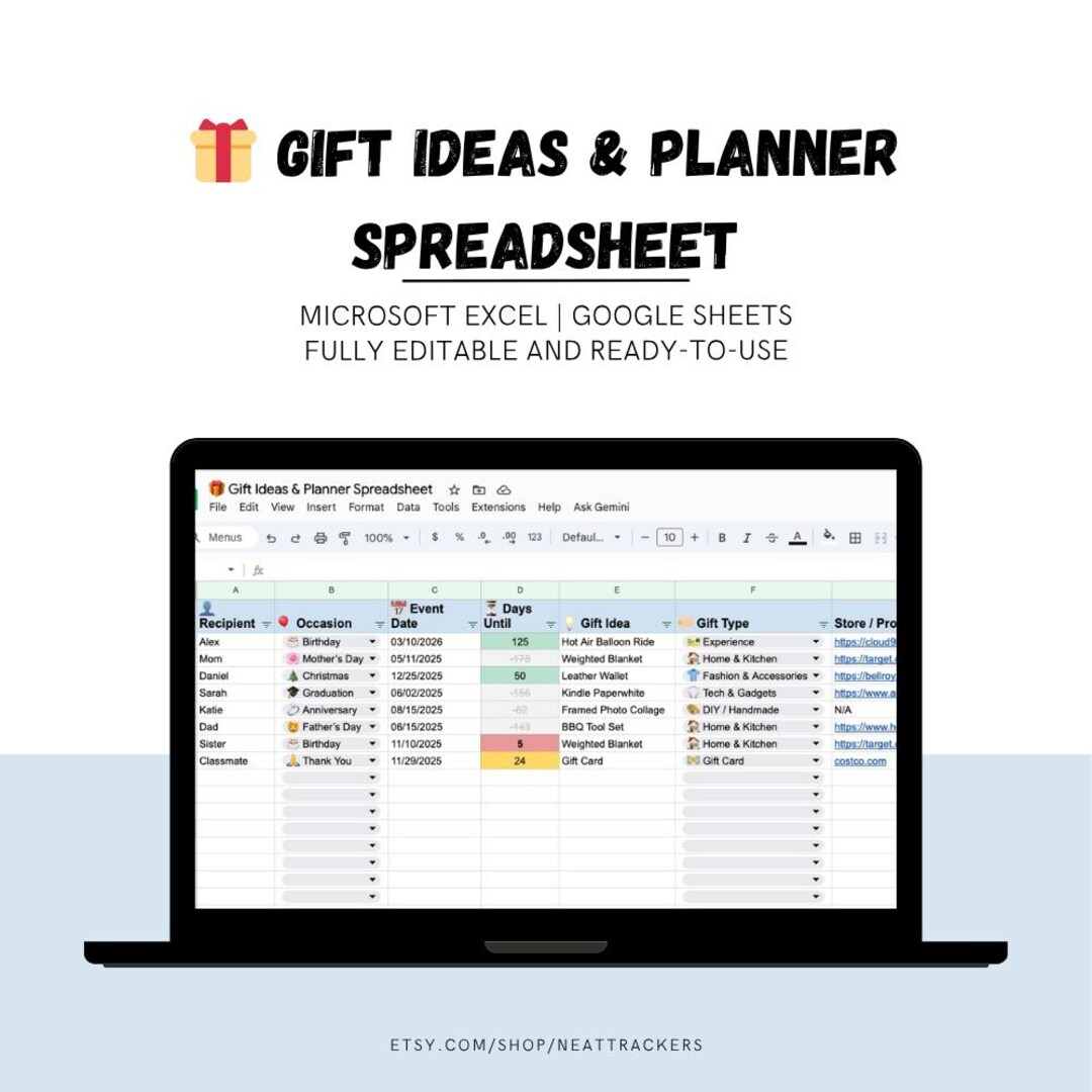Gift Planner Spreadsheet | Recipient & Purchase Tracker (google Sheets ...
