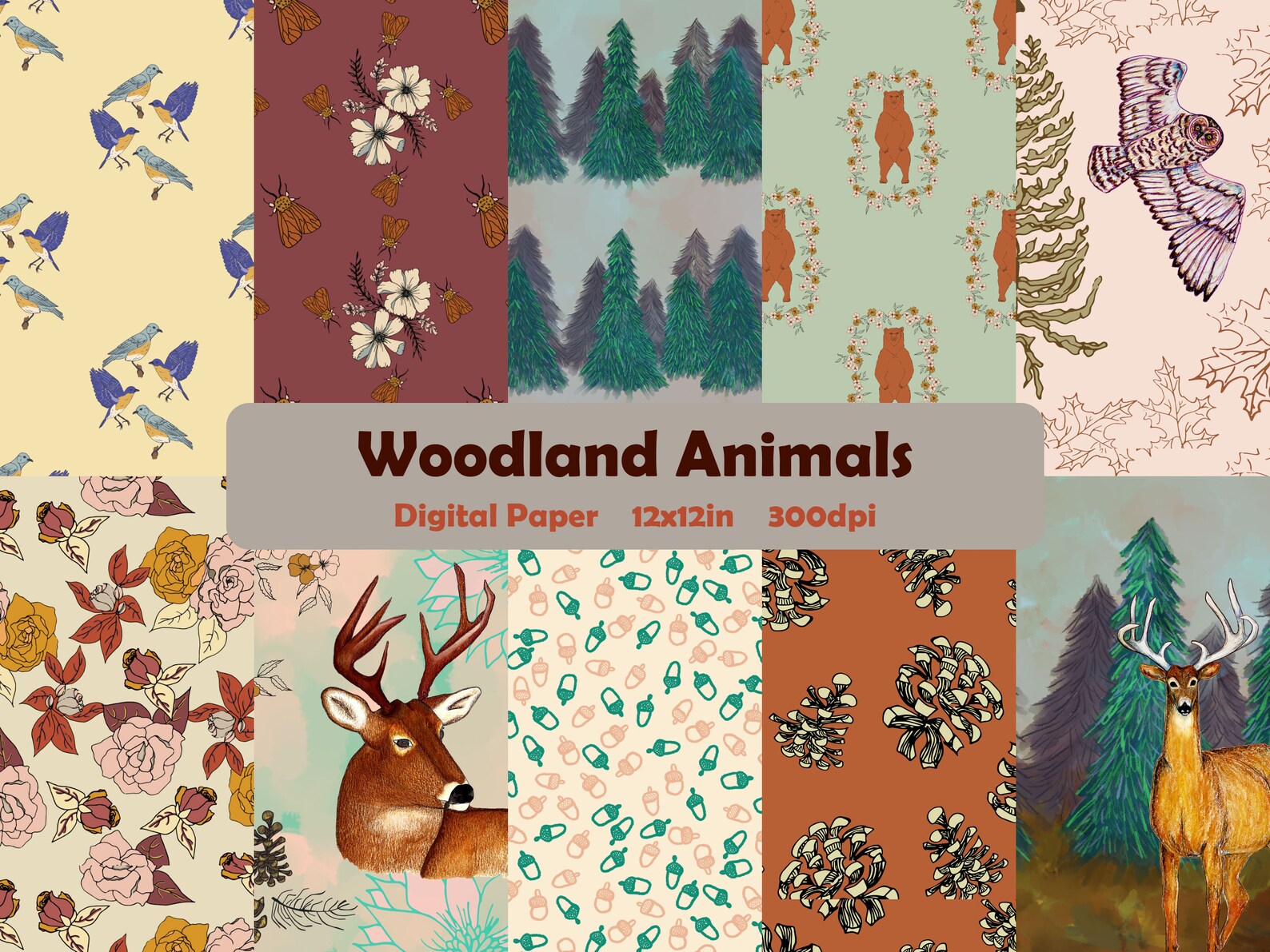 Woodland Digital Paper Bundle, Forest Animals Printables, Digital ...