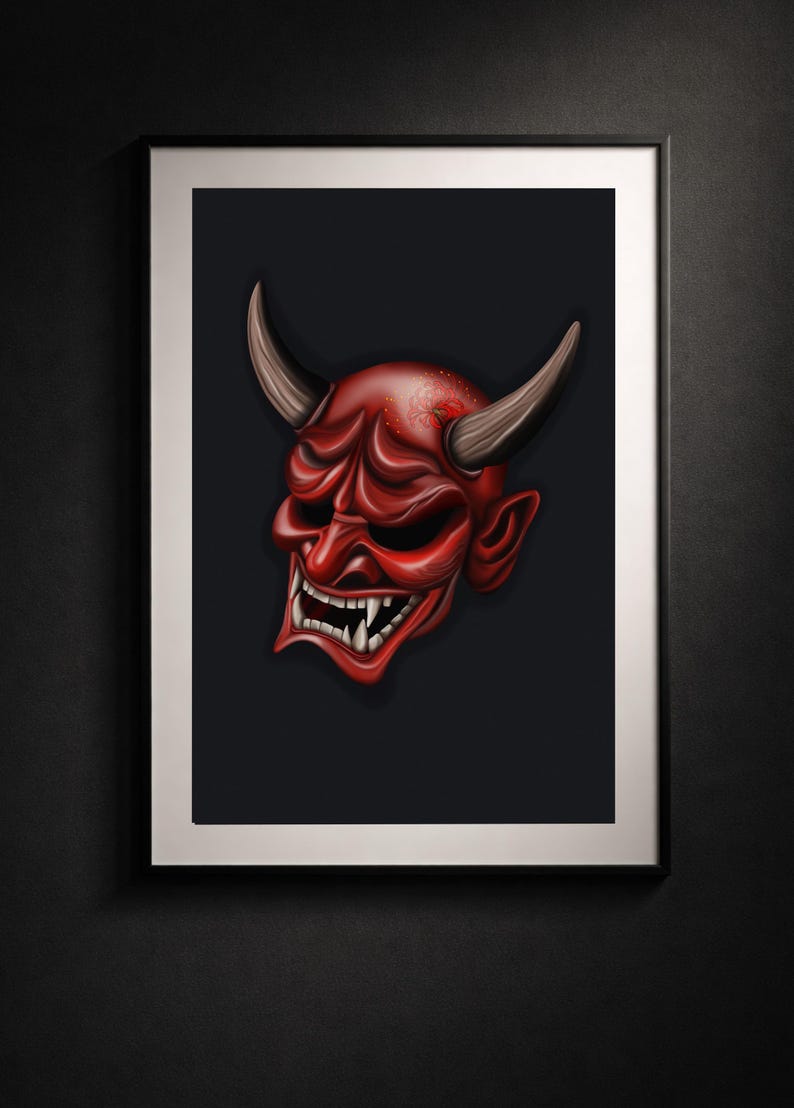 Oni Mask Wall Art Print, Japanese Demon Mask, Dark Japanese Art, Oni ...