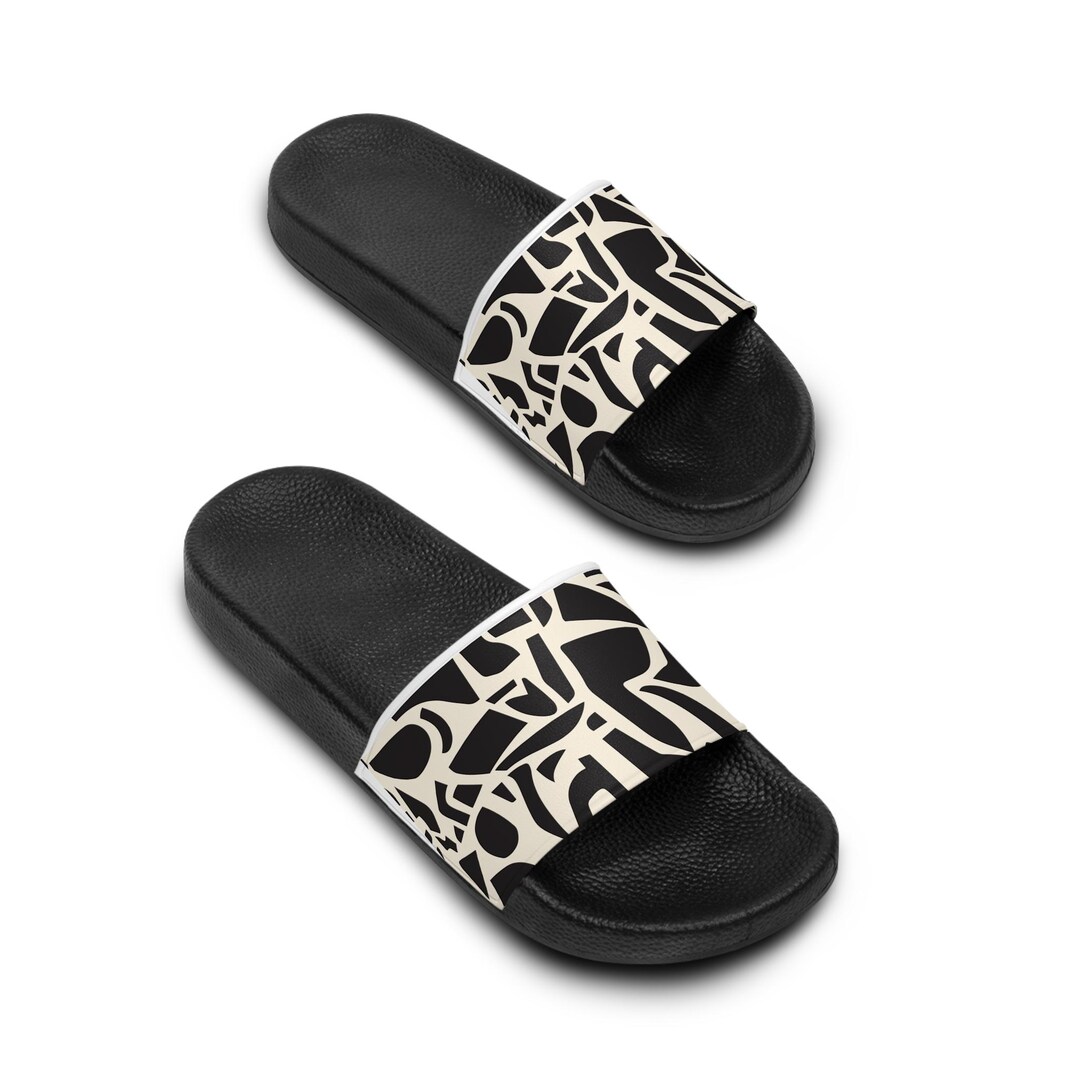 Abstract Black & Cream Mosaic Slide Sandals | Patterned Pool Slides - Etsy