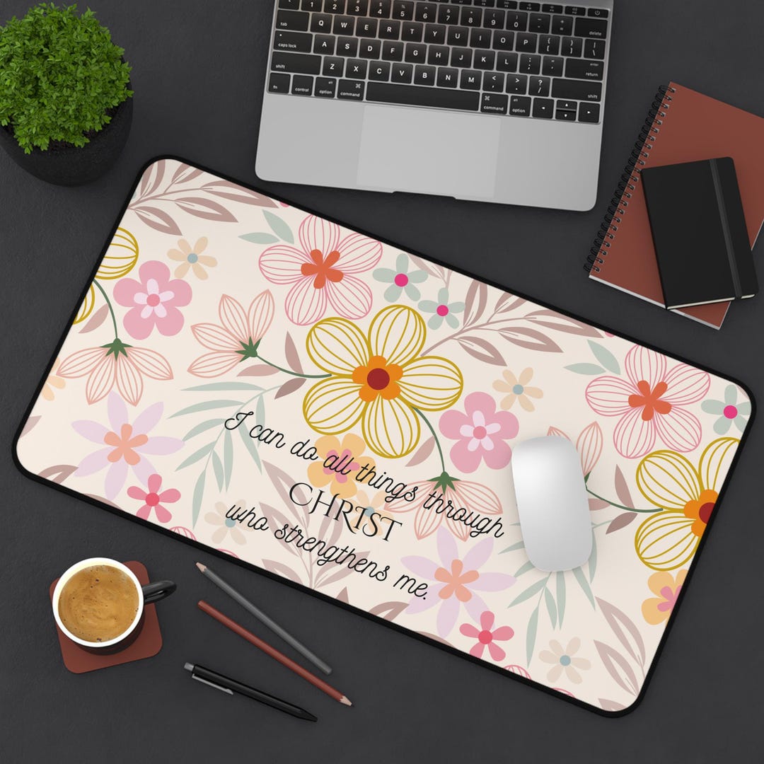Floral Bible Verse Desk Mat | Philippians 4:13 Christian Office Decor ...