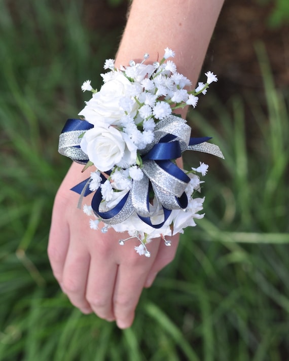 Silk Wedding Corsage Prom Corsage Boutonniere Set White Sweetheart Rose Baby Breath Rhinestone Wristlet Silver and Navy Ribbon Etsy UK