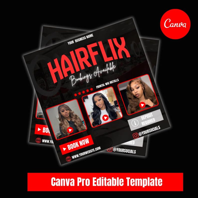 HAIRFLIX Hair Booking Template Flyer Canva Editable Hairstylist ...