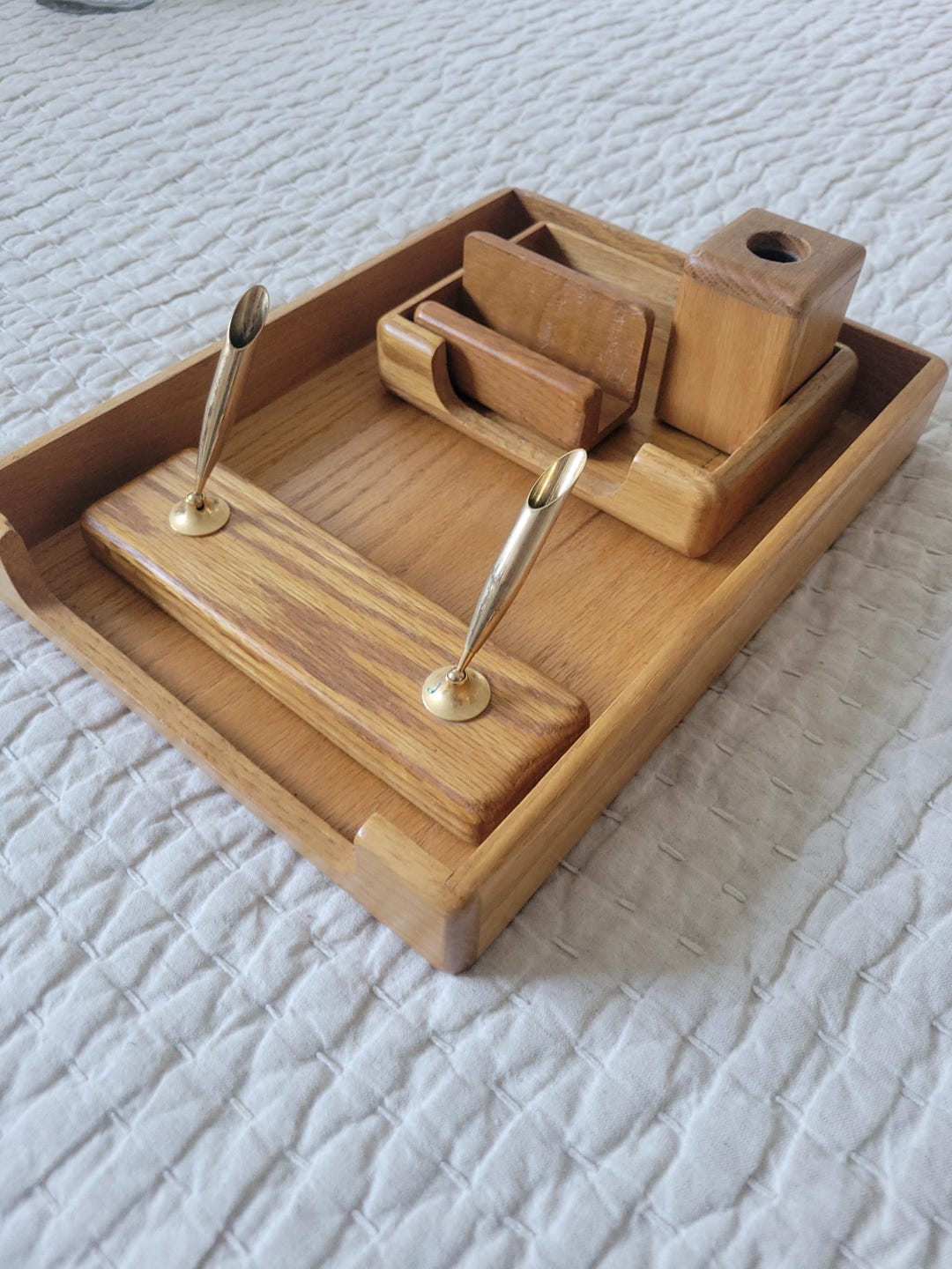 Vintage Oak Desk Set / 5 Piece Desk Organizer / Wooden Desk Set ...