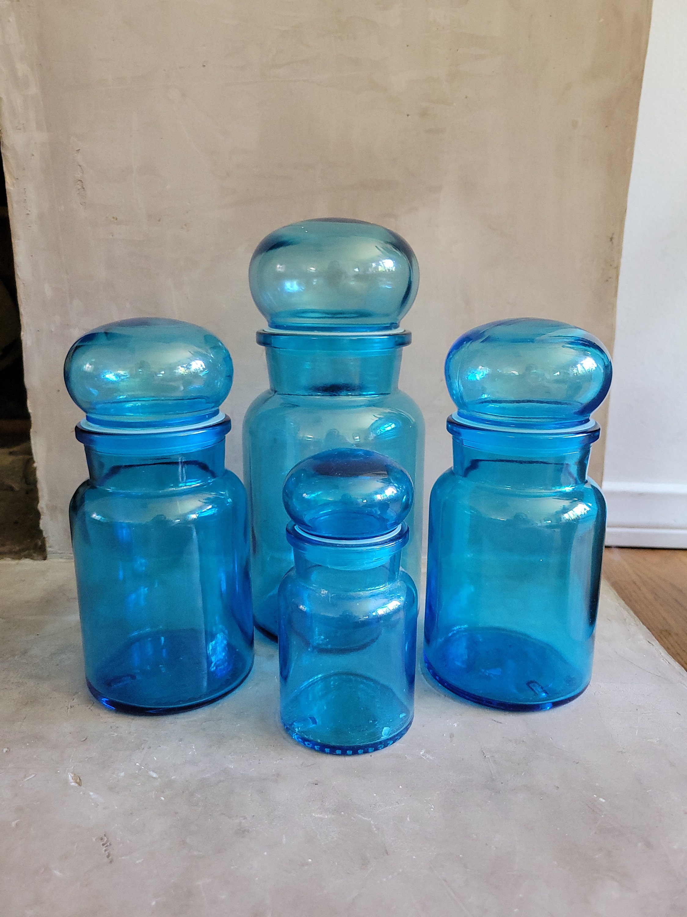 PRICE PER ITEM: Vintage Blue Glass Apothecary Jars / Bubble Top Jars ...