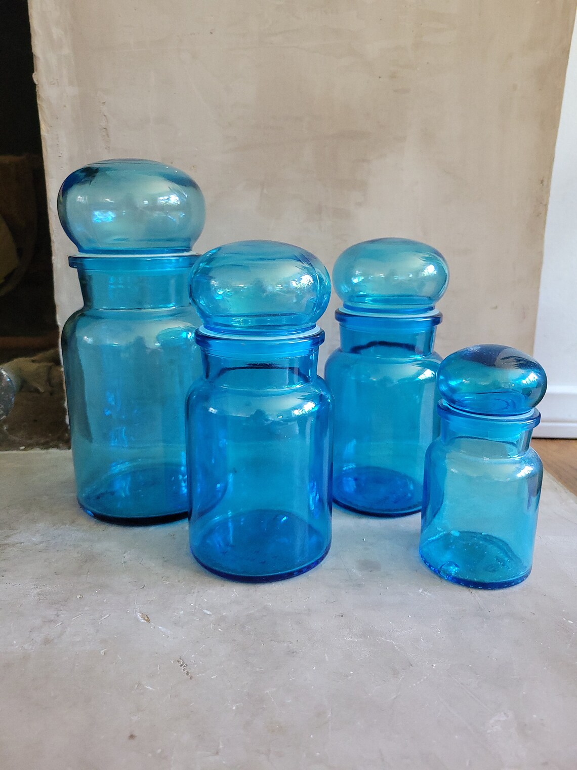 PRICE PER ITEM: Vintage Blue Glass Apothecary Jars / Bubble Top Jars ...