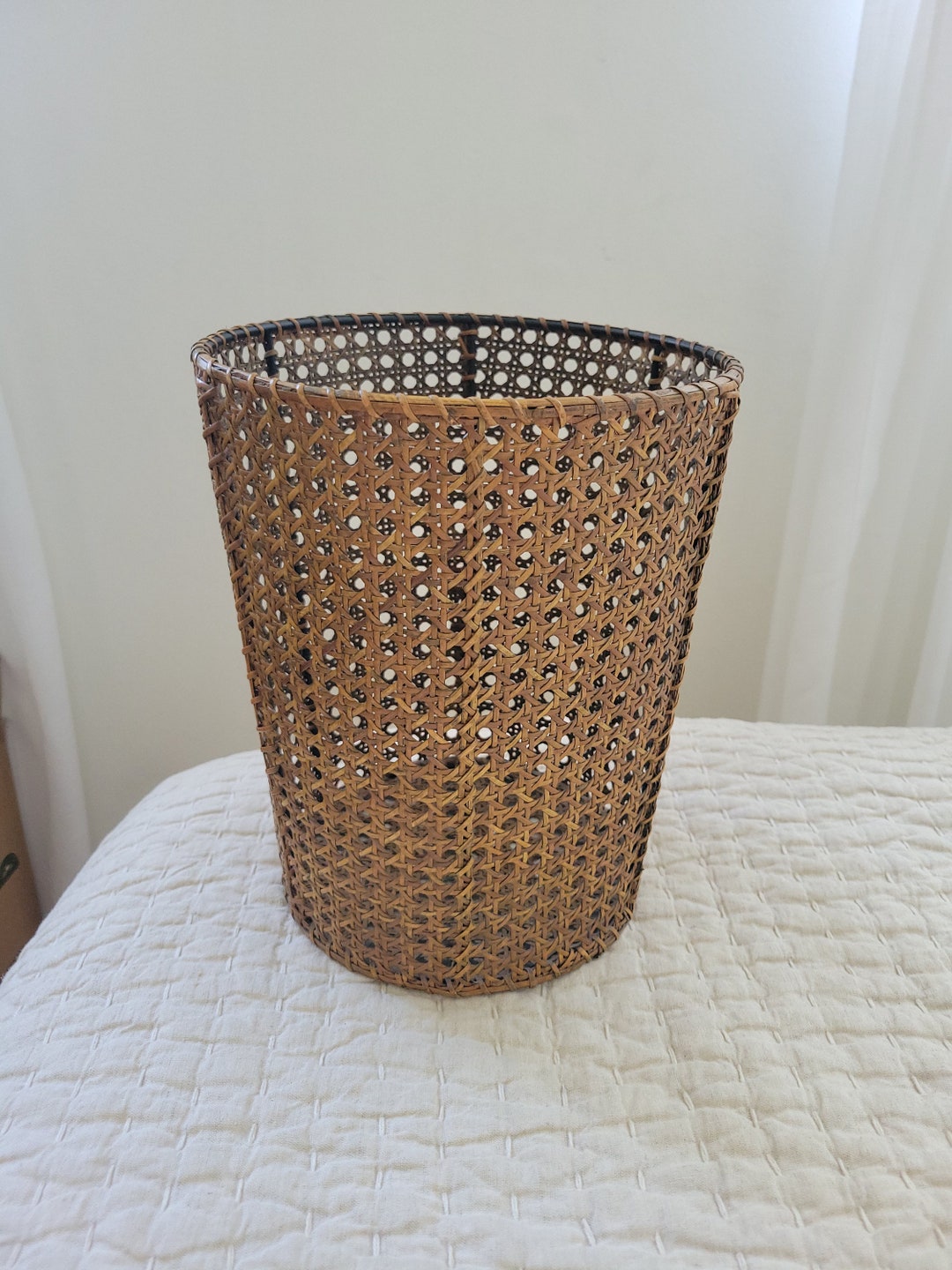 Cane Waste Can Basket / Wood Trash Can / Woven Cane Wood / Stylish ...