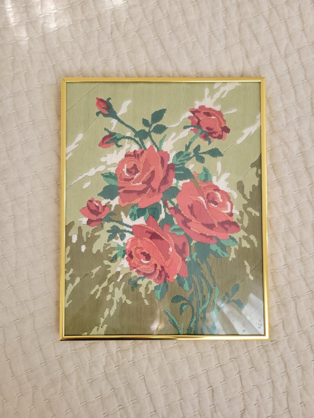Rose Thread Wall Art / Floral Woven Art / Roses Framed / Needlepoint ...