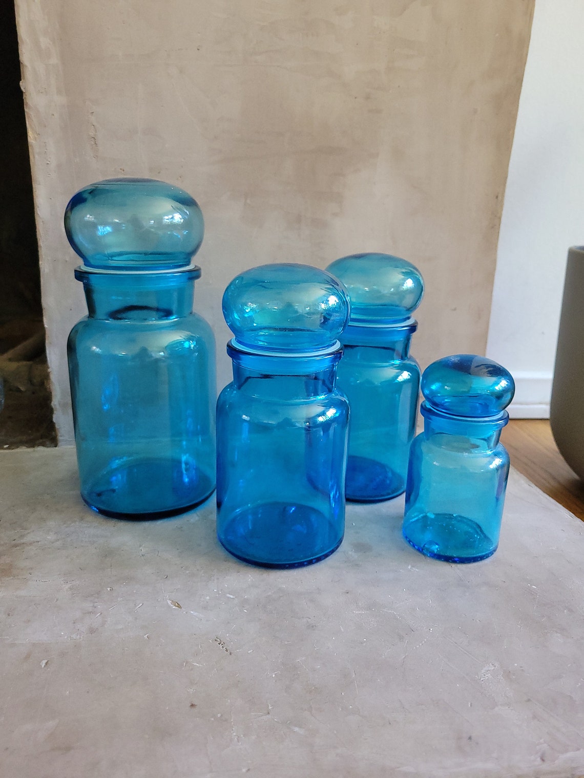 PRICE PER ITEM: Vintage Blue Glass Apothecary Jars / Bubble Top Jars ...