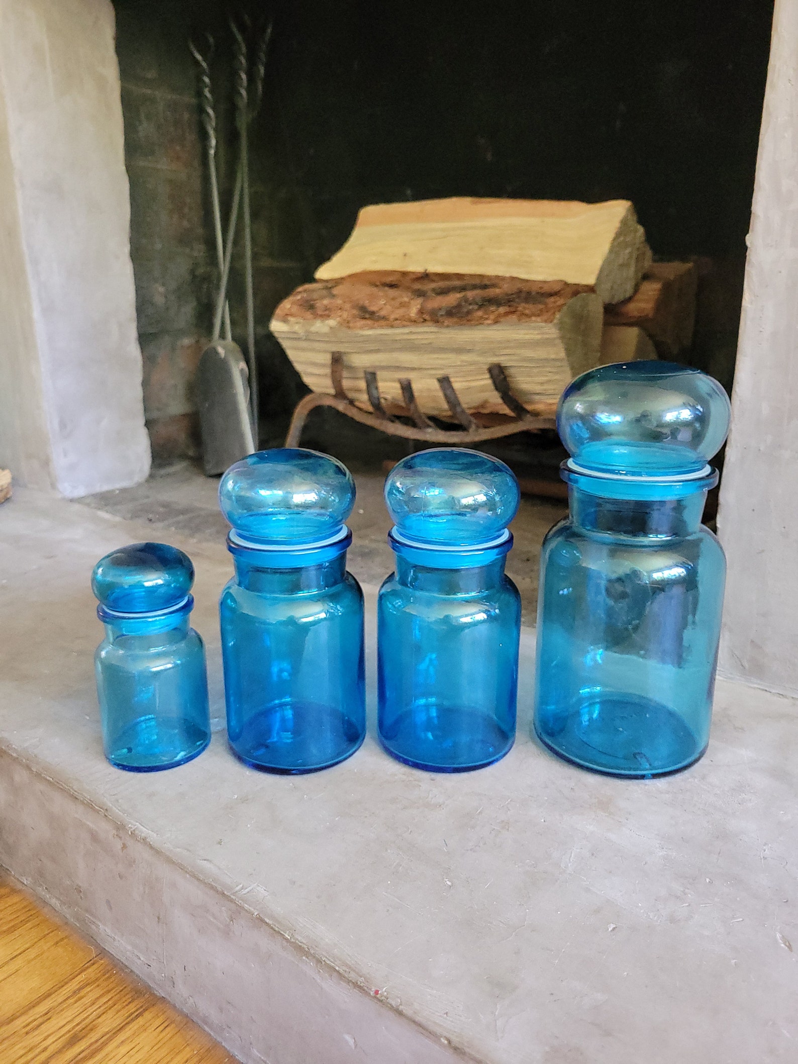 PRICE PER ITEM: Vintage Blue Glass Apothecary Jars / Bubble Top Jars ...