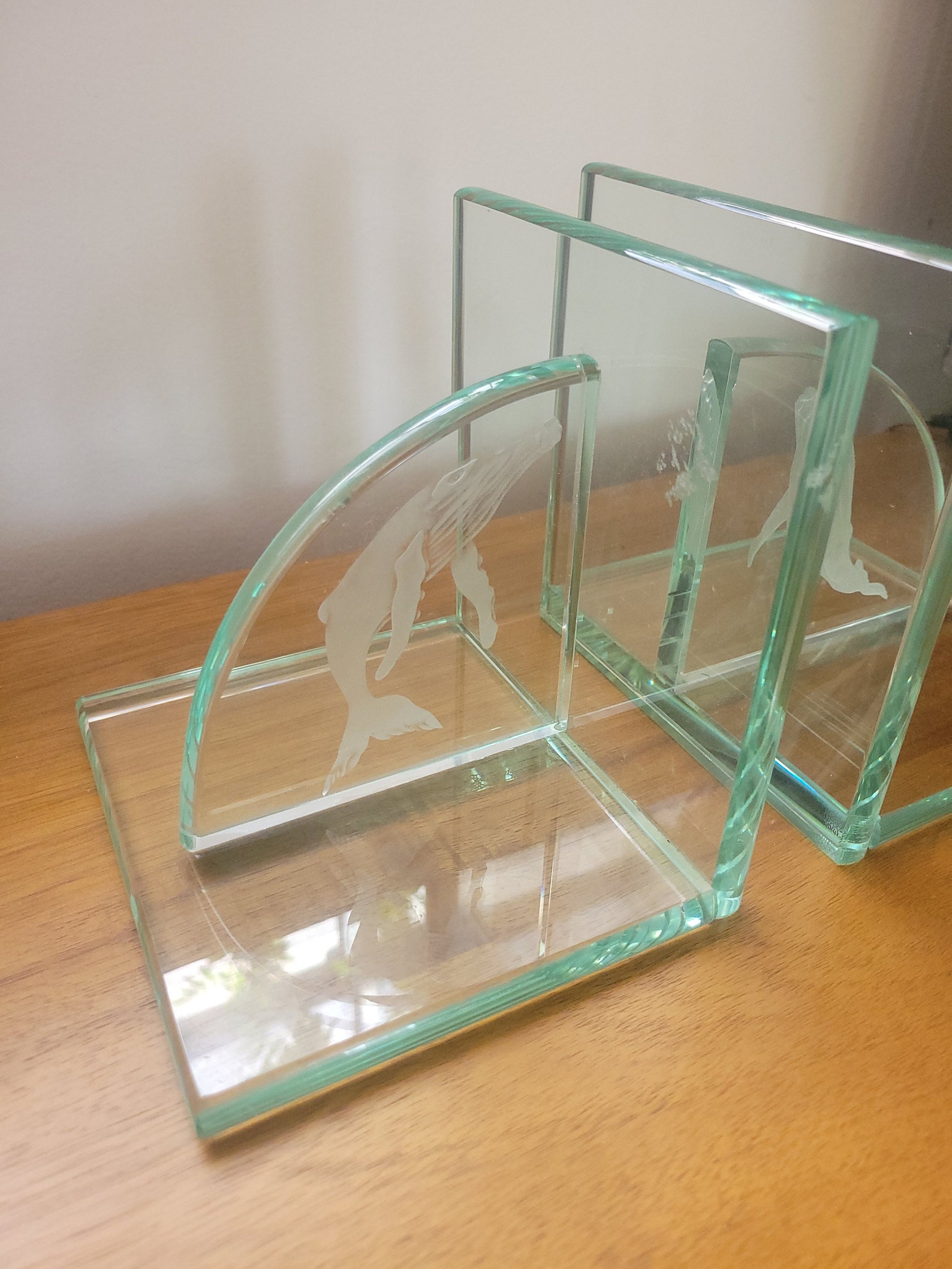 Vintage Glass Whale Bookends / Clear Green Glass Heavyweight Bookends ...