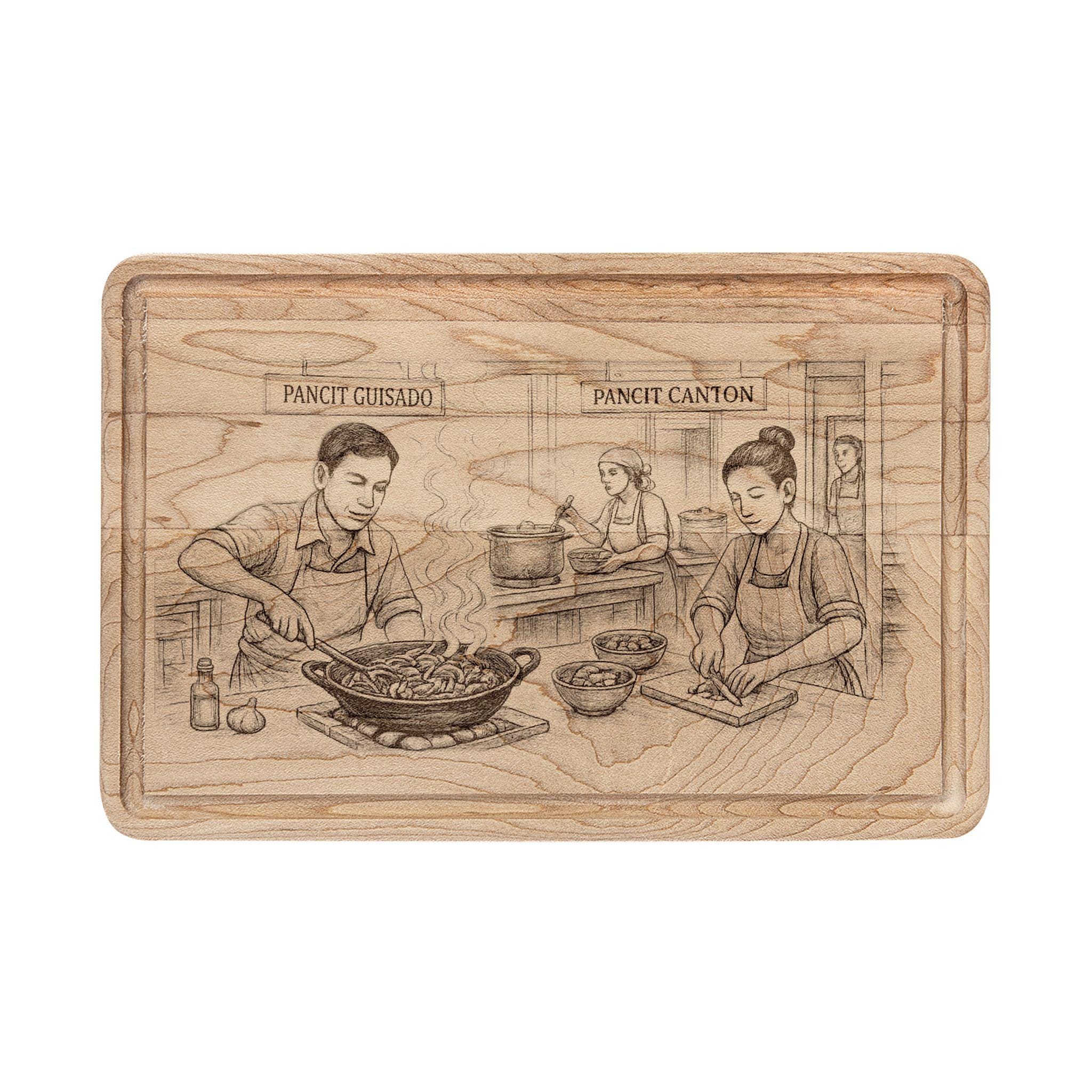 Traditional Filipino Pancit Cooking Scene Wooden Cutting Board ...