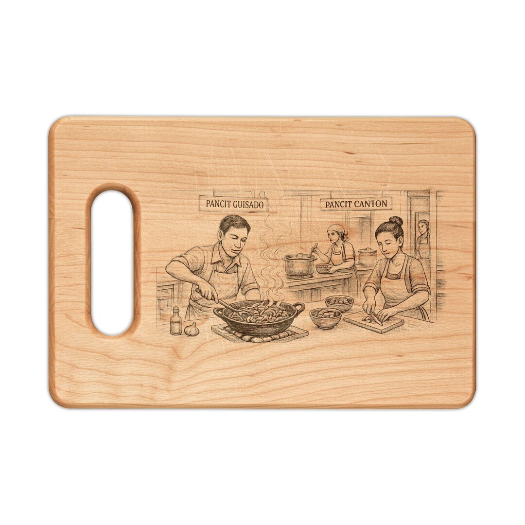 Traditional Filipino Pancit Cooking Scene Wooden Cutting Board ...