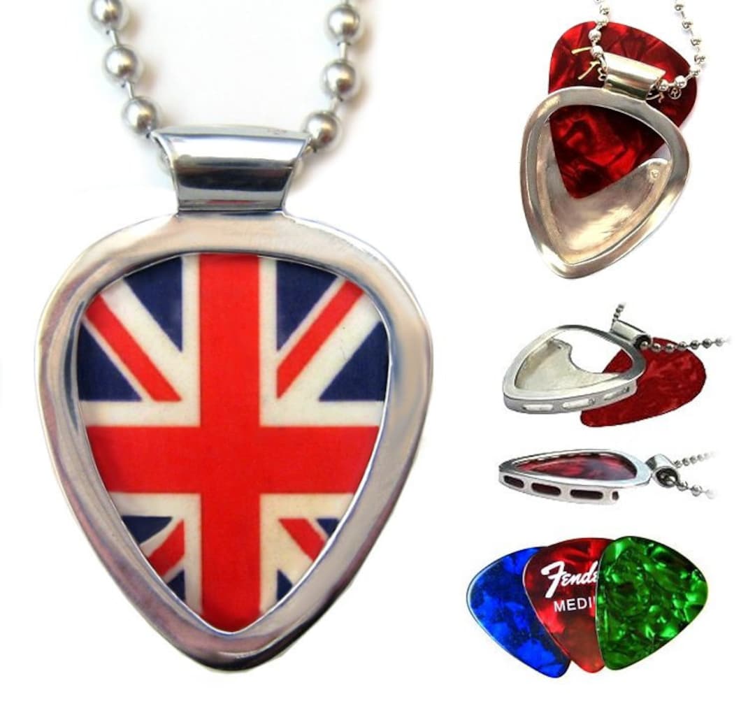 Union Jack & PICKBAY Chrome Guitar Pick Holder Pendant Necklace Set ...
